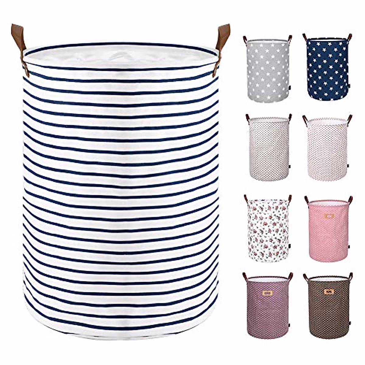 DOKEHOM 17.7-Inches Freestanding Laundry Basket with Lid, Collapsible Large Drawstring Clothes Hamper Storage with Leather Handle (Blue Stripe, M)