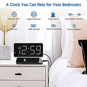 Peakeep Digital Clock, Alarm Clock for Bedrooms - Large Big Numbers 5 Dimmers for Seniors, Battery Backup Loud Alarm Clock with USB Charger Port (White)