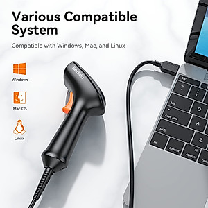Kedida Barcode Scanner, Handheld Inventory 1D Bar Code Scanners for Computer, Automatic Label UPC EAN Reader with 6ft/2m Long USB Cable Used for Supermarket Warehouse Library and More