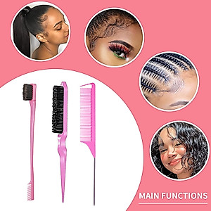 3 Pieces Hair Styling Comb Set Teasing Hair Brush Rat Tail Comb Edge Brush for Edge&Back Brushing, Combing, Slicking Hair for Women (Pink)