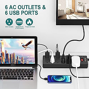 Power Strip, HITRENDS Surge Protector with 6 AC Outlets & 6 USB Charging Ports, 6 Feet Heavy Duty Extension Cord, 1625W/13A Multiplug for Home Office & Multiple USB Devices - Black