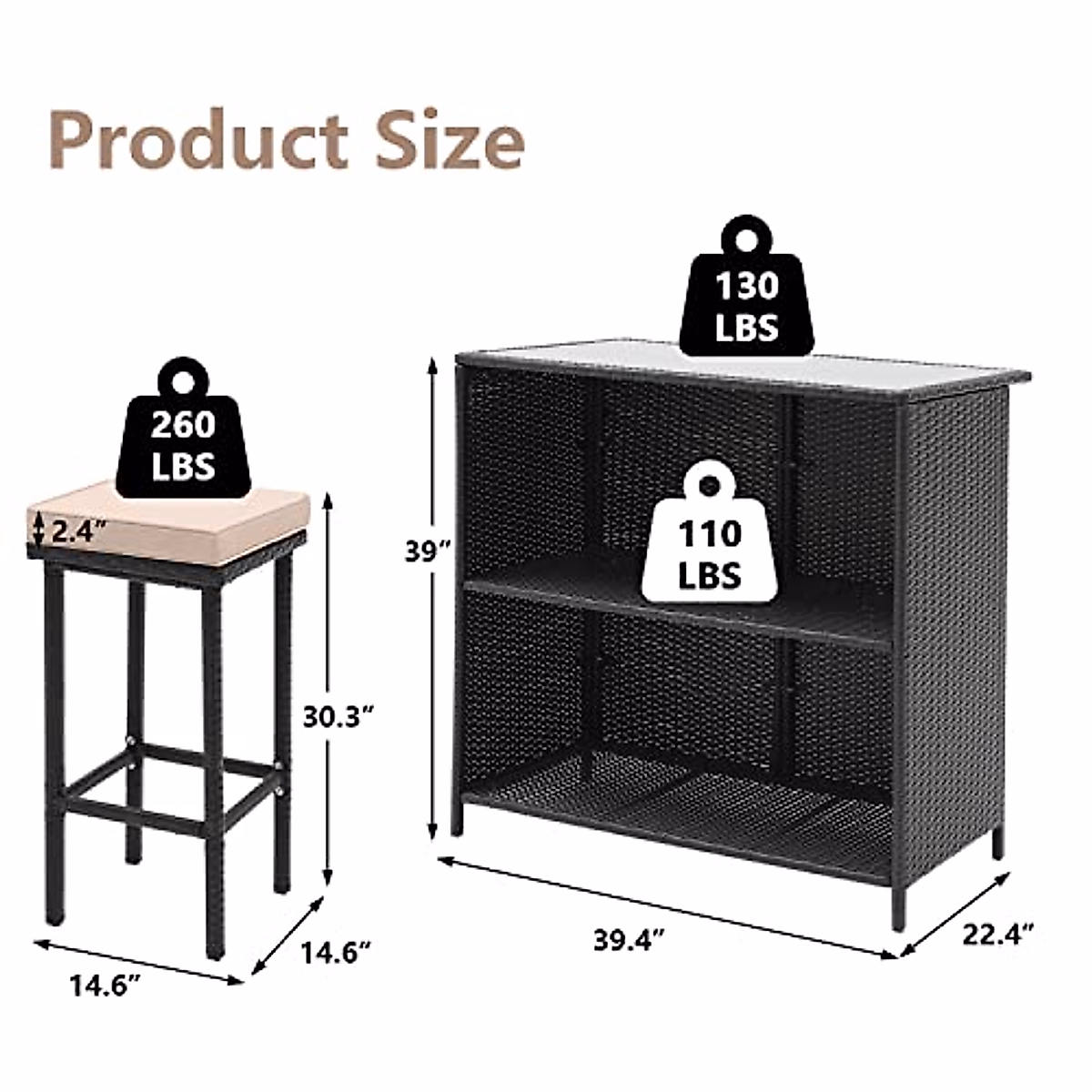 SoarFlash 3-Piece Outdoor Wicker Bar Set, Patio Rattan Bar Height Table Set with Stools, Cushion, Bistro Set for Poolside, Garden and Backyard, Beige