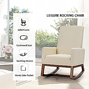 Giantx Upholstered Rocking Chair, Modern Fabric Armchair w/Wood Base, Side Pocket, Linen Padded Seat, High Back Accent Glider Rocker Chair, Mid-Century Leisure Chair for Nursery, Living Room (Beige)