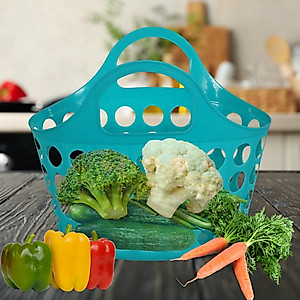 A1U Essentials Small Oval Slotted Basket with Handles, Holiday Themed-Party Gift Favors Storage Organizer Holder Container Caddy Multi-Use Reusable Ornaments Accessories Decorations, 2 ct. (TEAL)