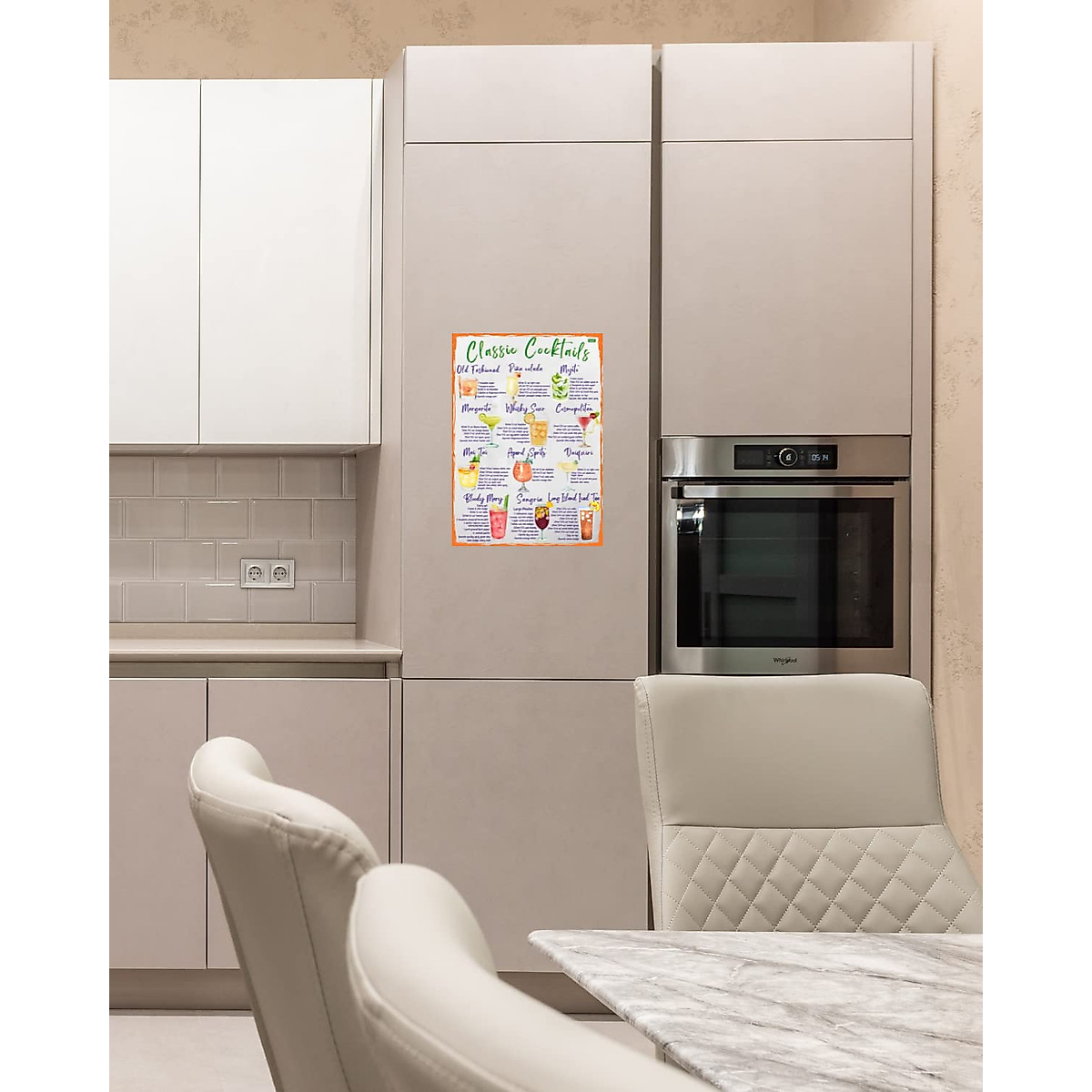 Classic Cocktails Recipes Magnetic Chart A4 format - Kitchen Pub Wall And Fridge Decor Stylish Colourful Informative Magnet Milliliters and Ounces Measurement Units