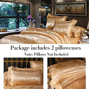 PYCLIFE Queen Duvet Cover,Luxury Bedding,Lace 3-Piece Duvet Covers,Jacquard Bedding Sets (Gold, Queen)