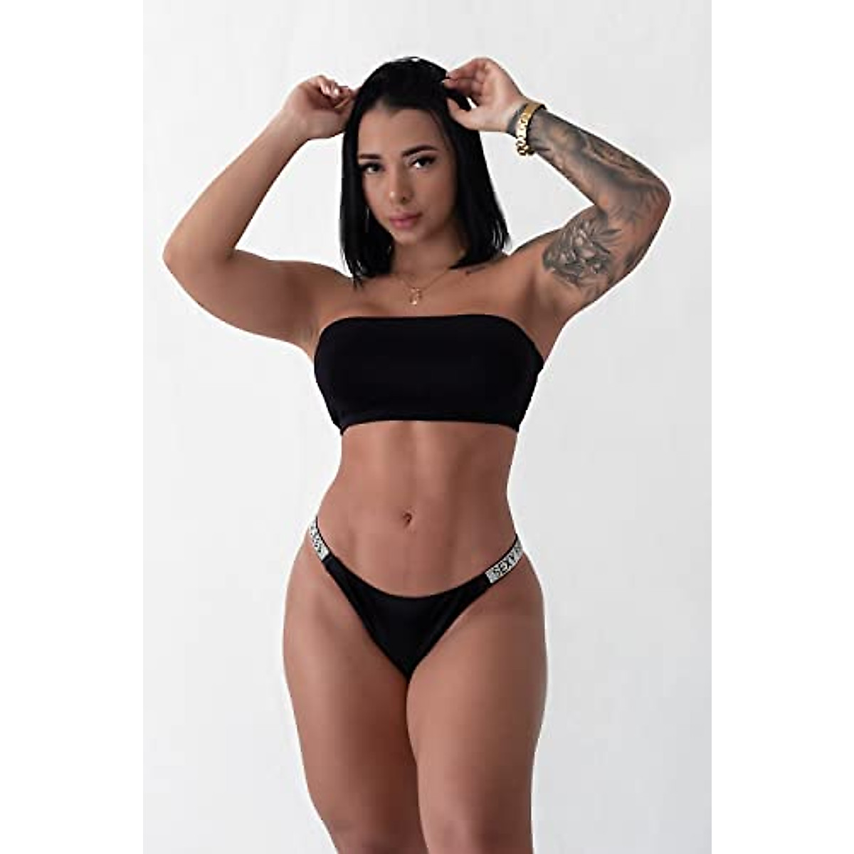 Underella Brazilian Sexy Thong Panties with Rhinestone Straps 3-Pack (Black + White + Animal Print, Large)