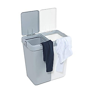 Mabel Home Plastic Laundry Hamper with Lid, 2 sections, Large Laundry Basket – Extra Trash Bin (1,6 Gallons) inc. & 3 Colour (White-Grey)