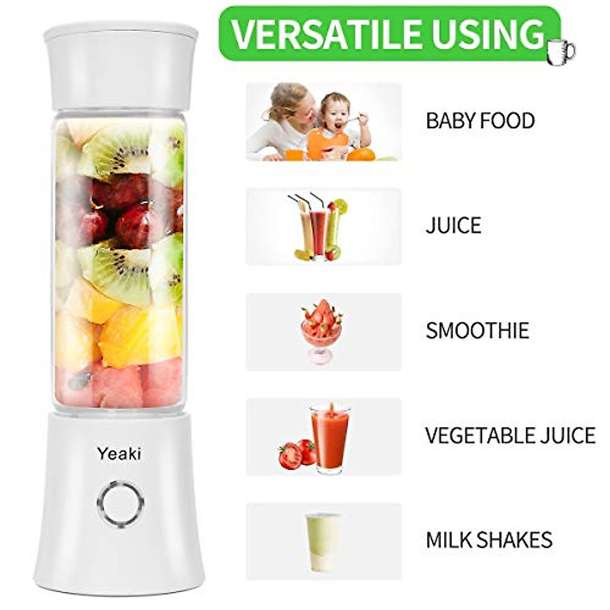 Yeaky Portable Blender, Mini Personal Blender with Detachable Base and USB Rechargeable, 16oz Juicer Cup for Shakes and Smoothie, Especially for Baby Food, Home Outdoor Office and Travel(white, 16oz)