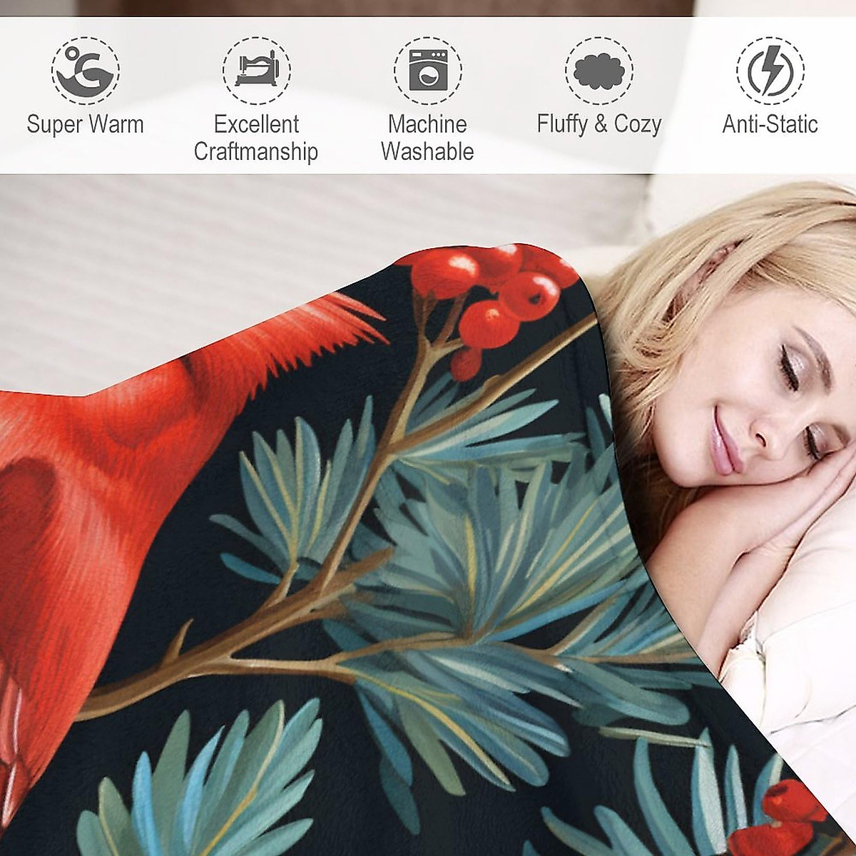 Winter Christmas Cardinal Bird Red Berries Blanket Memorial Christmas Throw Blankets for Bed 40"x50" Soft Cozy Microfiber Throw Blanket for Couch Sofa Bed for Girls Birthday Valentines Gifts