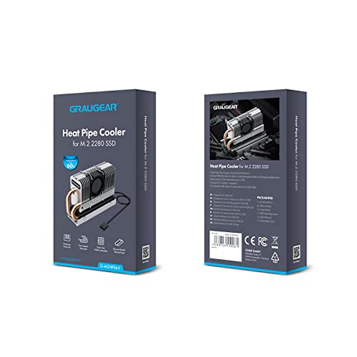 GRAUGEAR M.2 2280 SSD Heatsink, Direct-Touch Heat of Dual Copper Heat Pipes, 25 mm Cooling Fan Built-in PWM Control, Aluminum Plate-Fin Design, Thermal Pads incl. Cooler for M.2 NVMe/SATA[G-M2HP04-F]