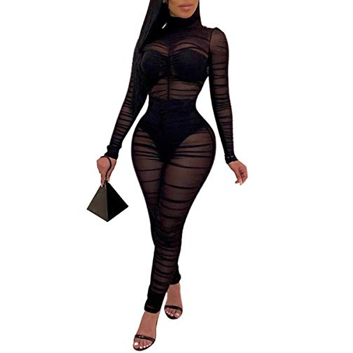 Uni Clau Women One Piece Outfits Mesh Sheer Bodycon Jumpsuit Long Sleeve See Through Party Catsuit Jumpsuits Black S