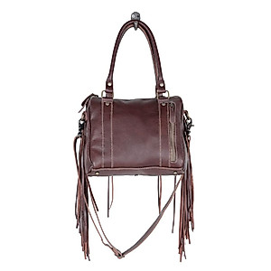 Myra Bag Maia Cowhide Purse - Western Style Purses for Women with Azure Embossed Leather and Brown & White Cowhide Design, Floral Tooled Accents and Fringes, Cow Hide Purse, Cowhide Purses for Women