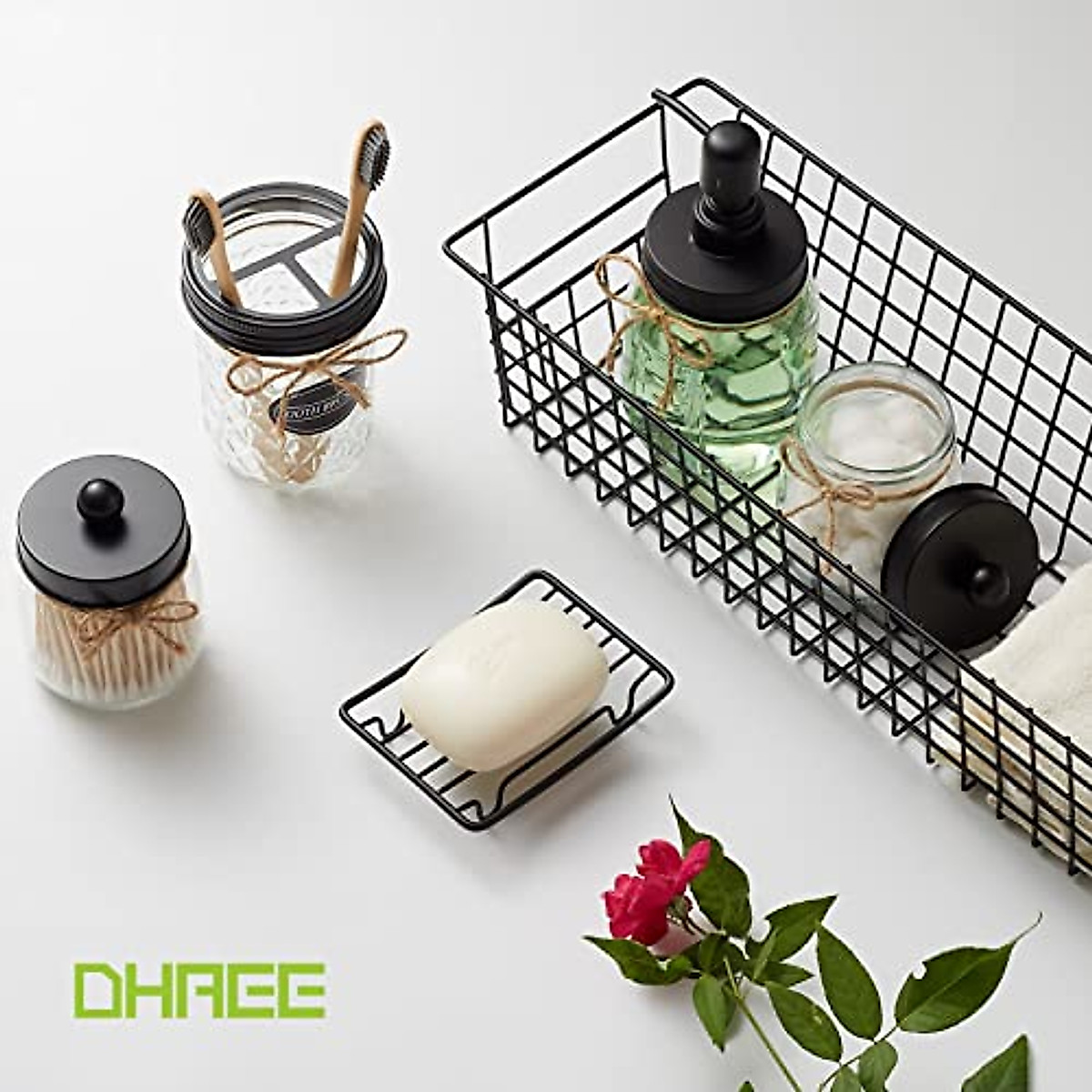 DHAEE Mason Jar Bathroom Accessories Set(6PCS) - Soap Dish,Apothecary Jar Canisters,Toothbrush Holder,Lotion Soap Dispenser,Metal Wire Storage Organizer Basket,Home,Farmhouse,Rustic Decor（Black）