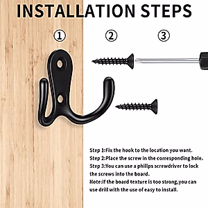 YOUYIDUN 10 Pcs Double Prong Coat Hooks, Heavy Duty Metal Robe Hooks, Black Retro Wall Mounted Clothes Utility Hooks with Screws for Hanging Robe Towels Bags Hats Scarf Key Clothes Coat Hooks