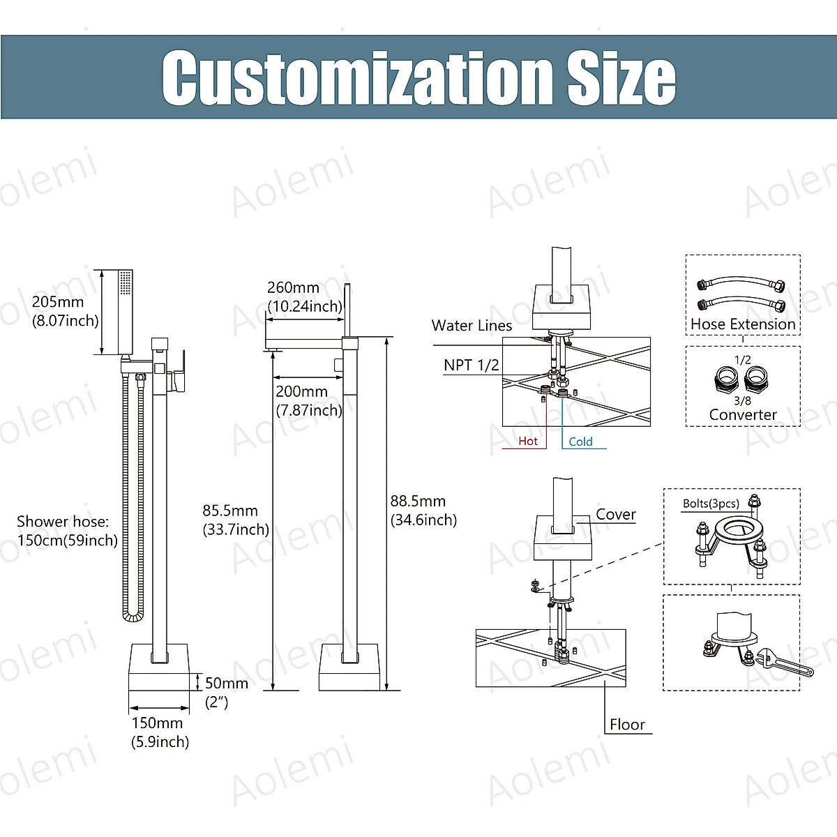 Aolemi Matte Black Freestanding Bathtub Faucet Floor Mount Tub Filler Single Handle Brass Tap with Hand Shower and Swivel Spout