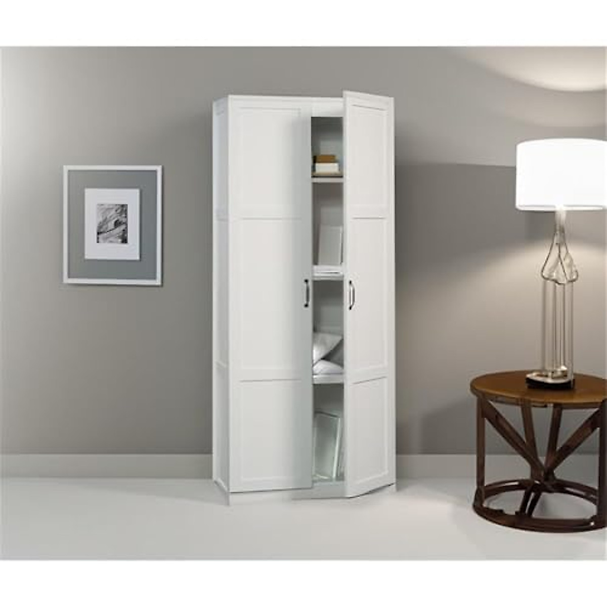 Pemberly Row 29" W Traditional Style Storage Cabinet, Pantry Cabinet, Linen Cabinet with Shelves in White
