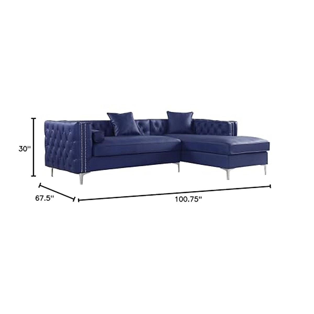 Iconic Home Da Vinci Right Hand Facing Sectional Sofa L Shape Chaise PU Leather Button Tufted with Silver Nailhead Trim Silvertone Metal Leg with 3 Accent Pillows, Modern Contemporary, Navy