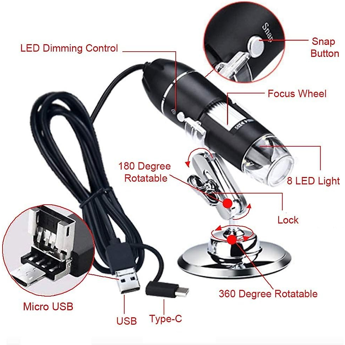 Grewtech USB Digital Microscope 1600x 8 LED Magnification Endoscope Camera with Metal Stand Compatible with Windows, Android and Mac