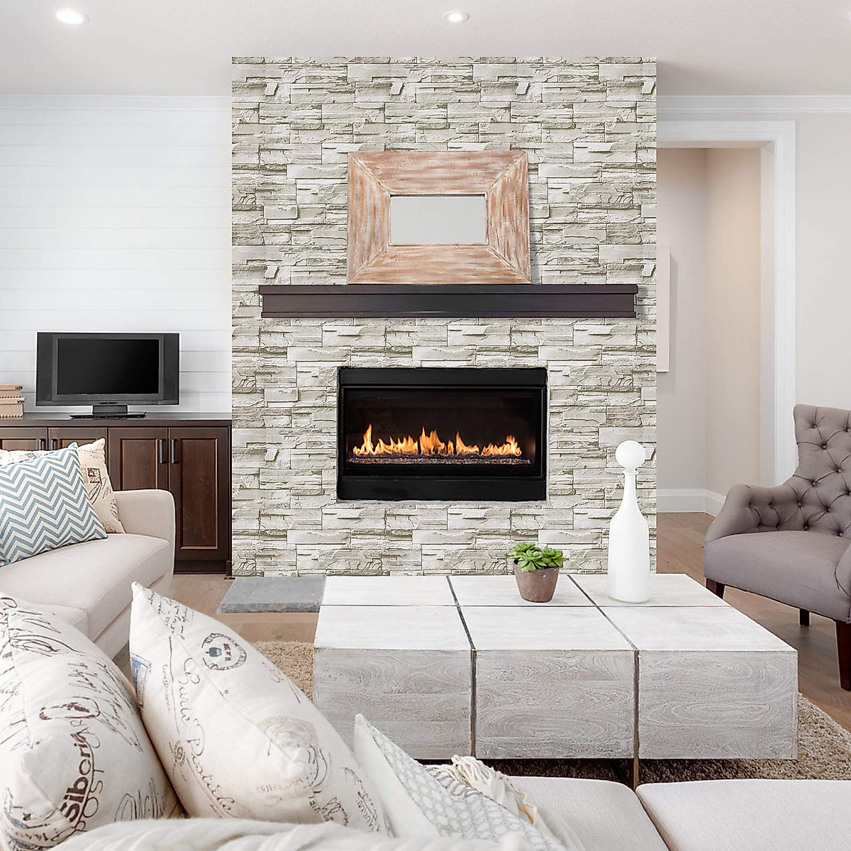 WENMER Beige Stone Peel and Stick Wallpaper 17.7" x 118" 3D Wallpaper Faux Brick Wallpaper Textured Stone Wall Paper Brick Self Adhesive Removable Wallpaper for Kitchen Backsplash Walls