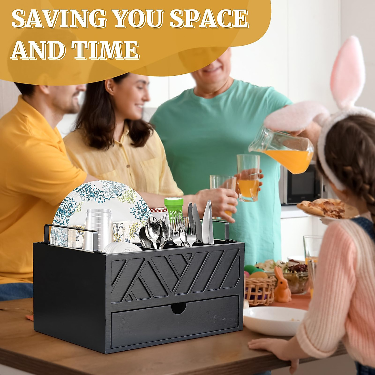 Paper Plate Dispenser with Drawer, Paper Plate Holder for Kitchen Counter, Wood Rustic Silverware Utensil Caddy, Cutlery Flatware Organizer for Cup Spoon Fork Plates Napkins, Black Kitchen Accessories