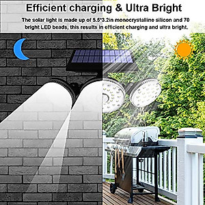 2 Pack Solar Lights Outdoor,3 Modes with Motion Sensor Lights, 70 LED 3 Adjustable Heads Flood Lights, 270° Rotatable Wireless Spotlights, IP65 Waterproof for Garage Pathway Porch Garden Patio Yard