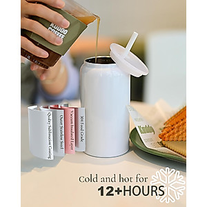 UIRZOTN 6 Pack Glass Cups with Lids and Straws, 16oz Stainless Steels Can Shaped Glass Cups, Beer Cups, Iced Coffee Cups, Smoothie Cup for Whiskey, Soda, Tea, Water, Sublimation Cups with Coaster