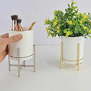 Pen Pencil Holder for Desk, Ceramic Desk Decor Organizer for Womens Girls, Durable Ceramic Pencil Cup Holder, 3.35" x 3.82" Makeup Cups for Brushes, Cup Painted with Gold Trims, Gold Bracket, 1 Pcs