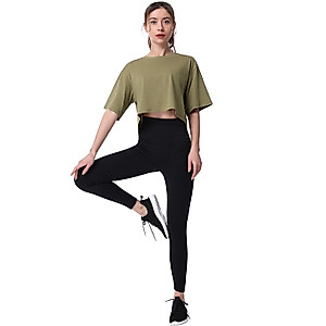 Cosy Pyro 4-Pack Women's Cotton Crop T-Shirts Short Sleeve Solid Cropped Athletic Top Round Neck Casual Workout Yoga Tees Black/Gray/White/Army M