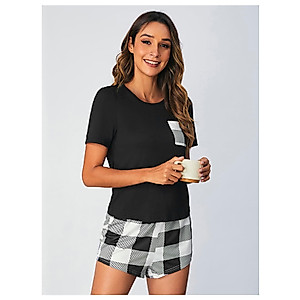 SOLY HUX Women's Short Sleeve Tee Top and Plaid Shorts Lounge Pajama Set Sleepwear Black White S