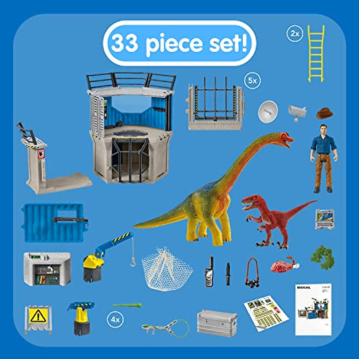 Schleich Dinosaur Toys Science Playset - 33-Piece Set Research Station with Brachiosaurus, Velociraptor, Men Scientist Action Figures, and Dart Cannon, Kids Figurines for Ages 4 and Above