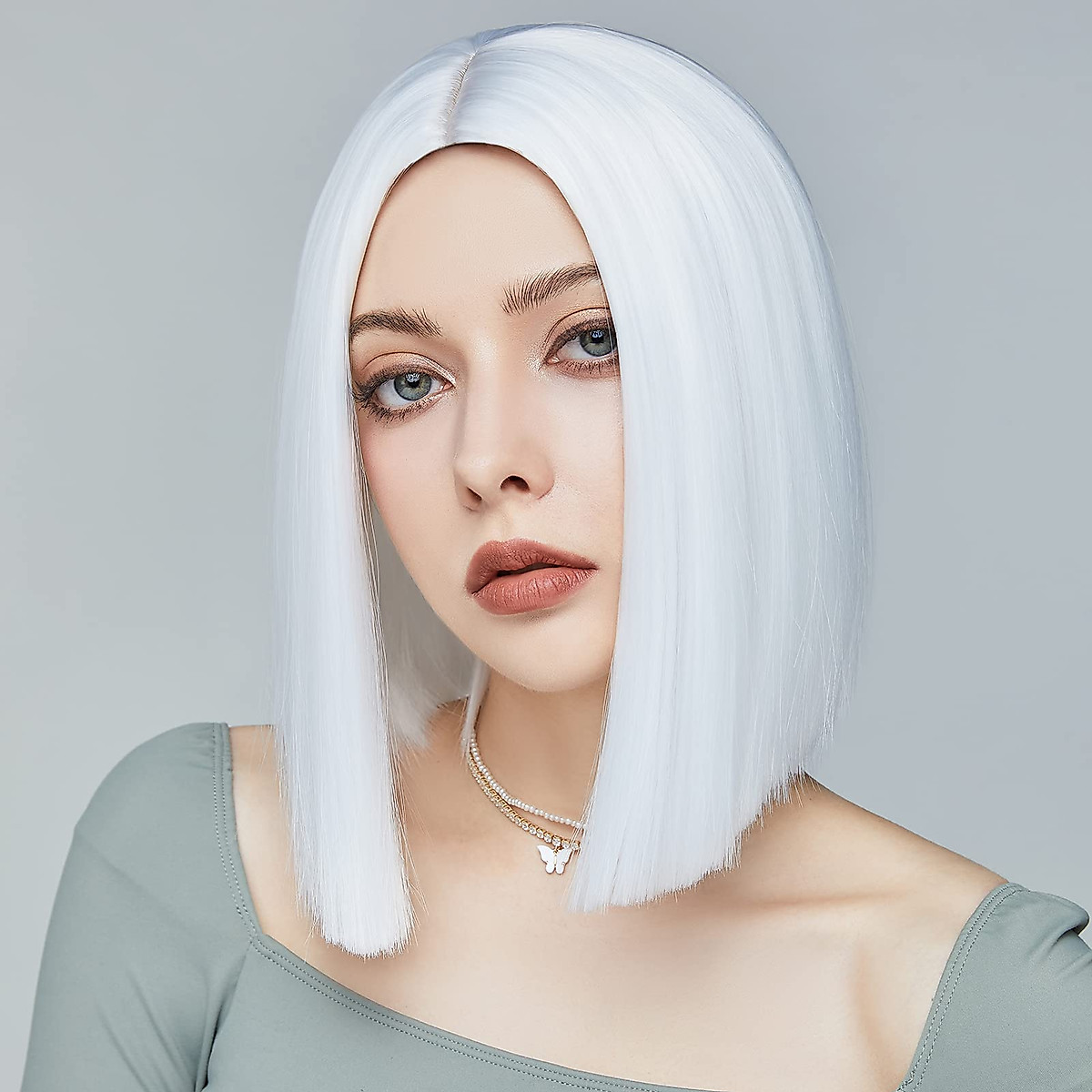 ENTRANCED STYLES White Wig Short Bob Wigs for Women 12Inch Heat Resistant Middle Part Straight Synthetic Wig Party Costume Halloween Cosplay Wig