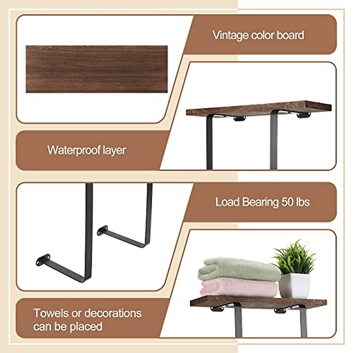 Qunclay 2 Pcs Wall Towel Racks for Rolled Towels, Bathroom Towel Holder with Wooden Shelf for Large Small Roll Towel, Hand Towels, Spa, Salon, RV, Matte Black