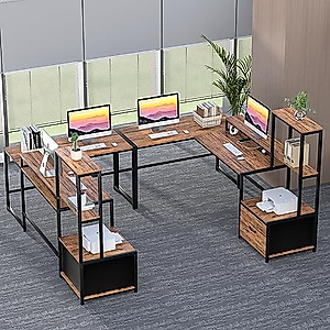 GreenForest L Shaped Desk with Drawers and Printer Stand,Power Outlets, 70 in Reversible Computer Desk with Monitor Stand and 2-Tier Shelves,Hook for Home Office Writing Study Work Table,Walnut