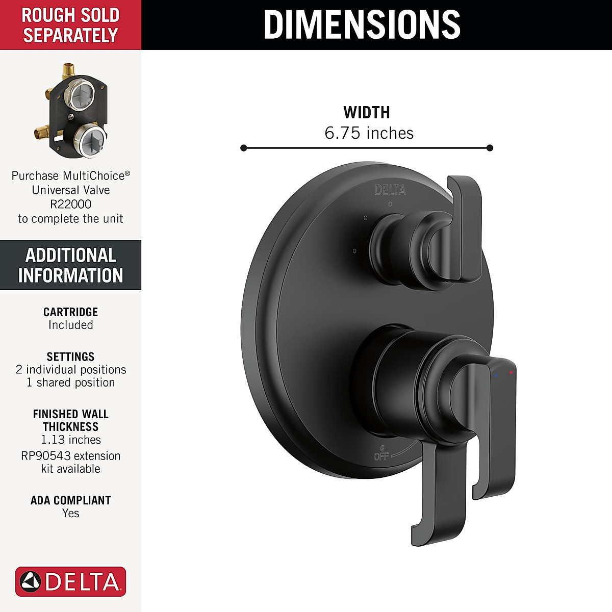Delta Faucet Tetra 17 Series Matte Black 3-Setting Integrated Diverter Valve Trim Kit, Black Diverter Valve Trim Kit, Shower Trim Kit, Matte Black T27889-BL (Valve Not Included)