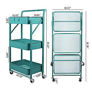 totolot 3-Tier Collapsible Rolling Utility Cart with Lockable Caster Wheels, Metal Storage Cart for Classroom, Office, Bathroom, Blue
