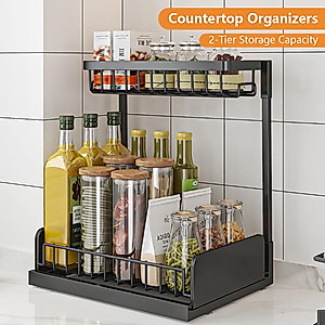 JTAGOO Under Sink Organizers and Storage, Metal L-shape Kitchen Organization 2-Tier Sliding Cabinet Organizer, Under Bathroom Sink Cabinet Organizer Shelf with Drawers, Black, 1 Pack