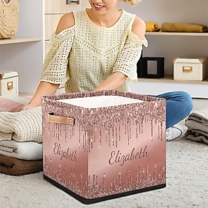 RIRIX Personalized Storage Bin, Custom Storage Baskets for Organizing with Handles, Foldable Storage Box for Closet Cloth Baskes Toy Rose Gold Dripping Glitter