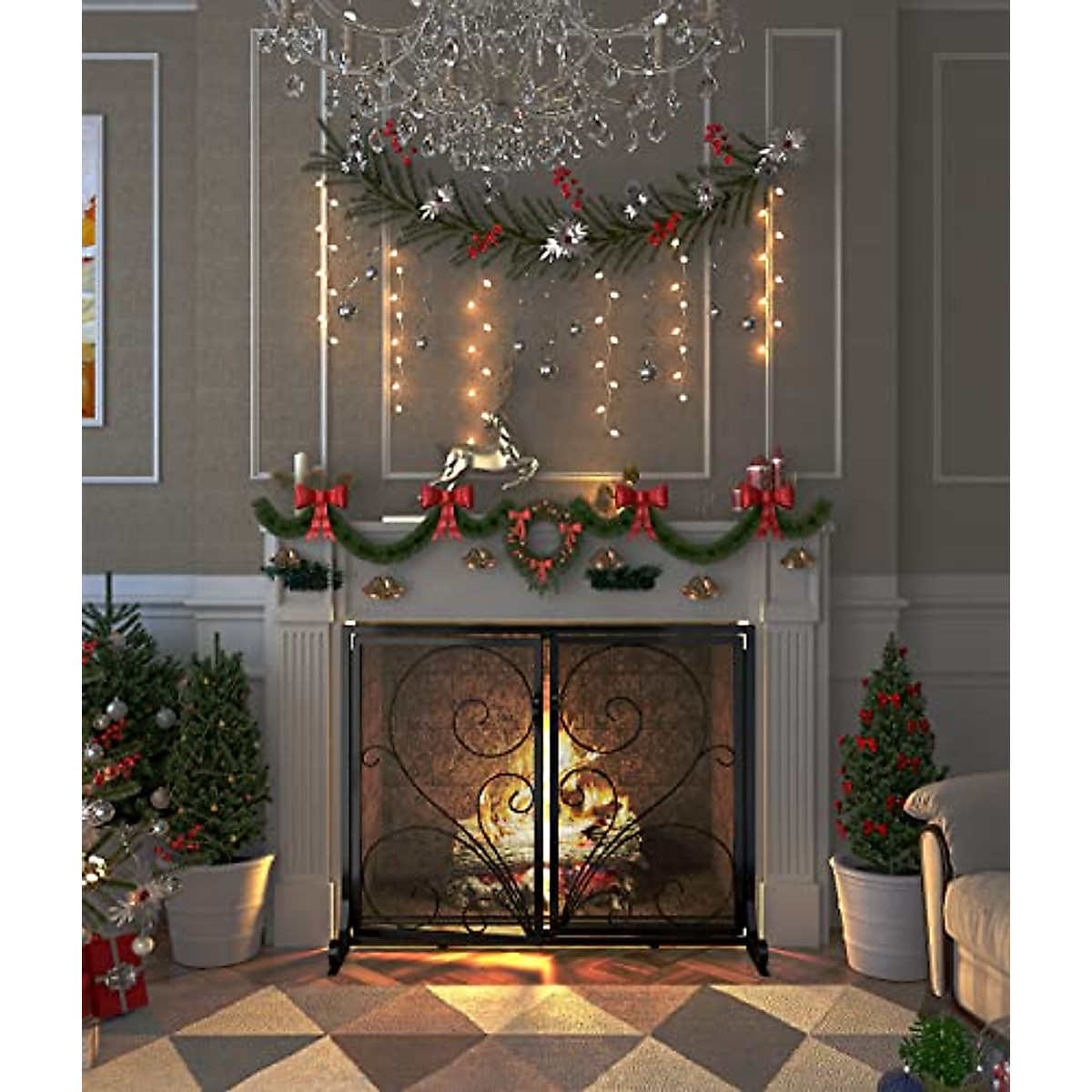 Calidola Flat Fireplace Screen with Doors,Solid Wrought Iron Frame with Metal Mesh, Flat Panel Decorative Fireplace Screen with Scroll Design, Free Standing Spark Guard