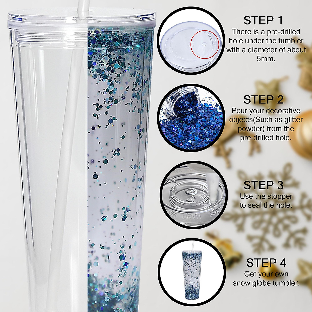 sweet grain Snow Globe Tumblers(4 Pack) - 24oz Double Wall Acrylic Tumblers for Snow Globe Cups with Pre Drilled Hole, Lids, Straws and Hole Stopper, Clear Snowglobe Tumblers