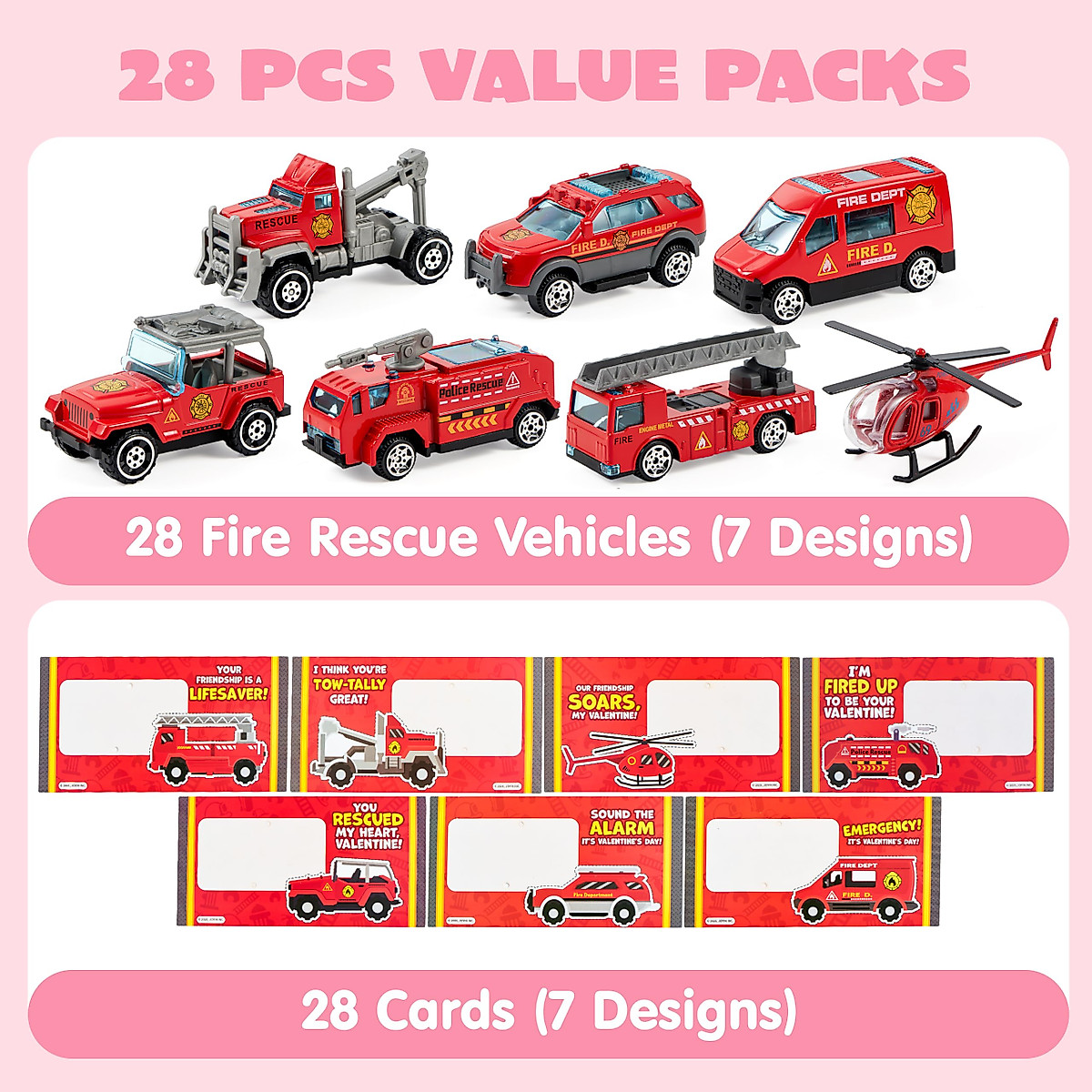JOYIN 28 Packs Valentines Day Cards with DieCast Fire Rescue Vehicles Toys for Kids Valentine Party Favor, Classroom Exchange Prize and Gifts for Boys, Valentine’s Greeting Cards