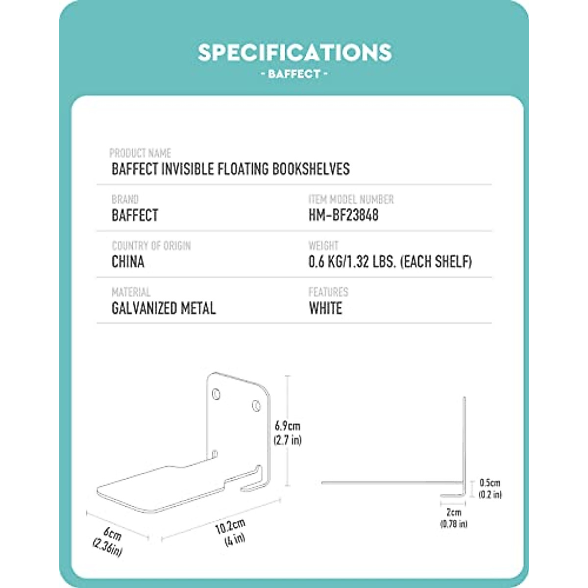 Baffect Invisible Floating Bookshelves, Set of 4 Concealed Drilling Mounted Bookshelves, Heavy-Duty Metal Book Organizers for Bedroom (White)