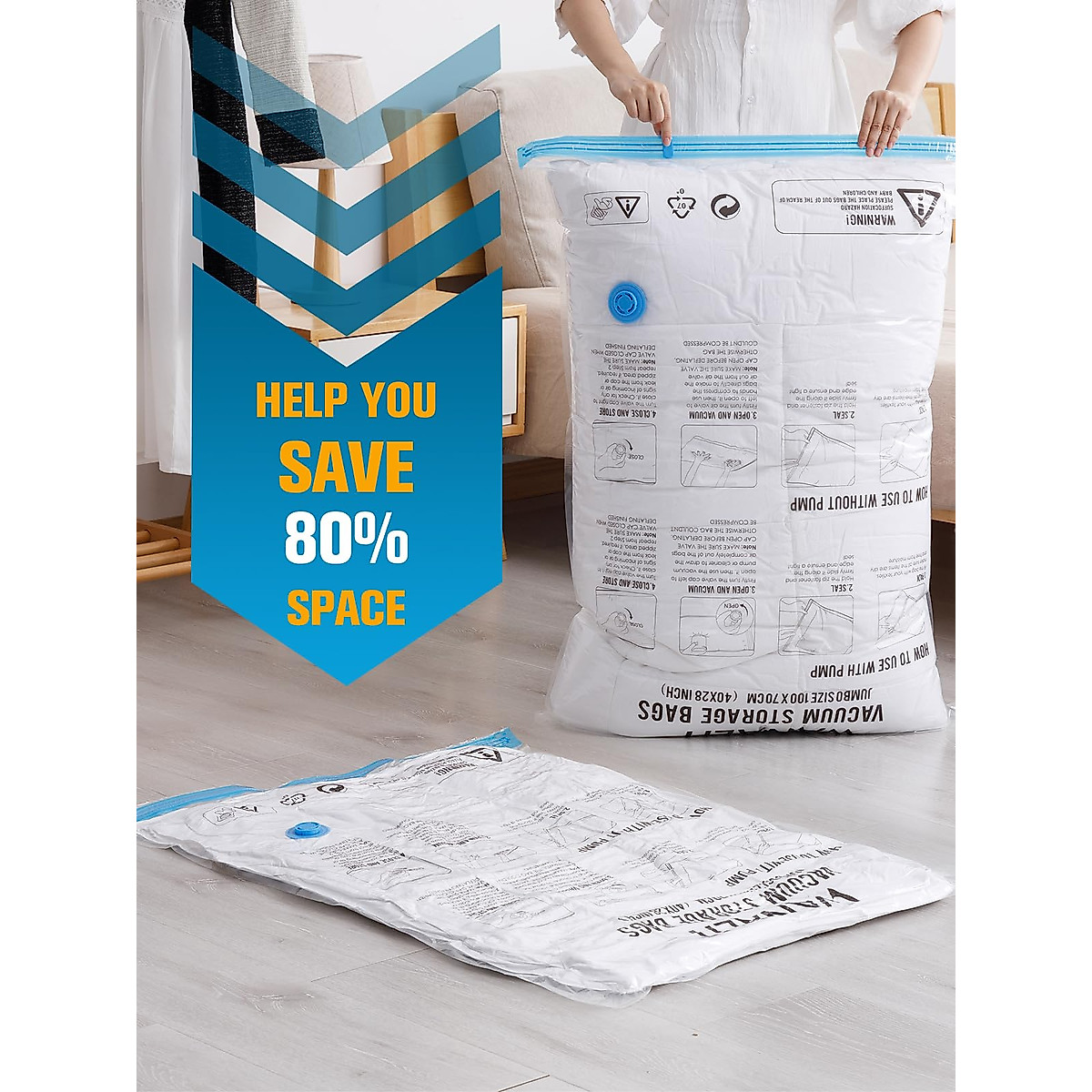 Vacuum Storage Bags with Electric Air Pump, 15 Pack (3 Jumbo, 3 Large, 3 Medium, 3 Small, 3 Roll Up Bags) Space Saver Bag, Vacuum Sealer Bags for Clothes, Blanket, Duvets, Pillows, Comforters, Travel