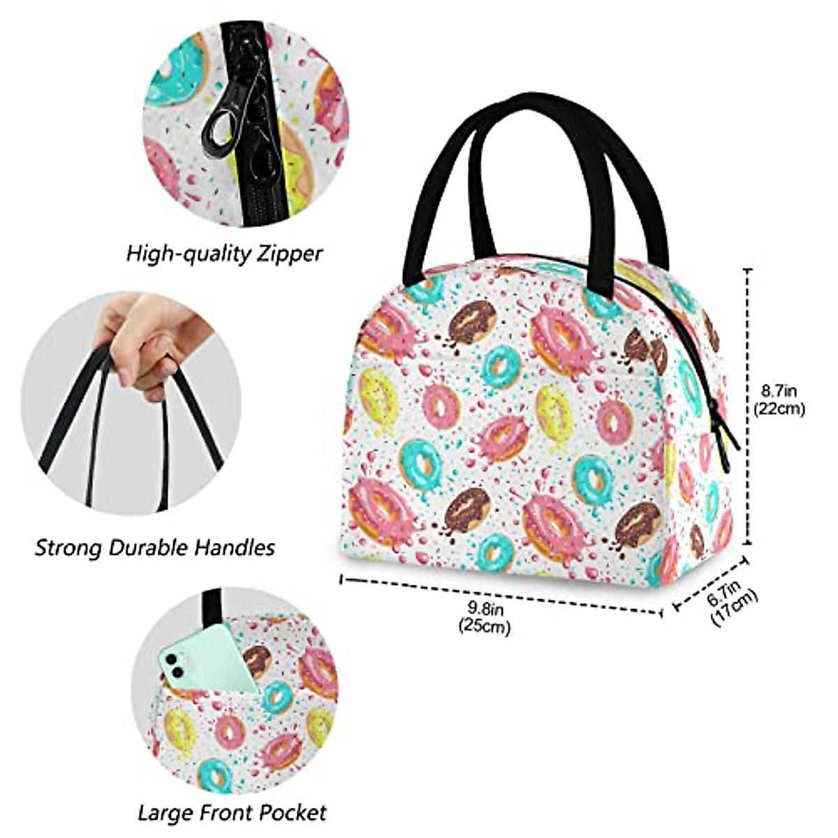 ZzWwR Cute Colorful Splashed Donuts Reusable Lunch Tote Bag with Front Pocket Zipper Closure Insulated Cooler Container Bag for Man Women Work Picnic Travel Beach Fishing