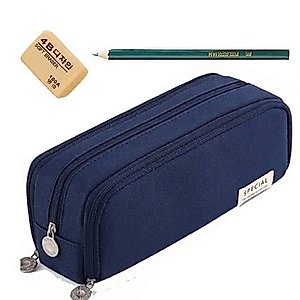 Gyhhxlh Big Capacity Pencil Case 3 Compartment Pouch Pen Bag for School Teen Girl Boy Men Women (Dark Blue)