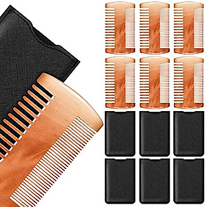 6 Pieces Beard Comb Natural Sandalwood Wooden Moustaches Combs Dual Action Teeth Beard Comb with 6 Pieces Pocket Faux Leather Case for Beards Moustaches (Yellow)