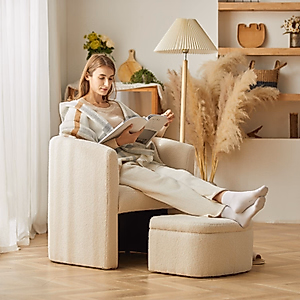 COLAMY Upholstered Sherpa Barrel Chair with Ottoman Set of 2, Modern Single Sofa Accent Lounge Chair Armchair Club Chair with Storage Space-Saving for Living Room Bedroom Office, Cream