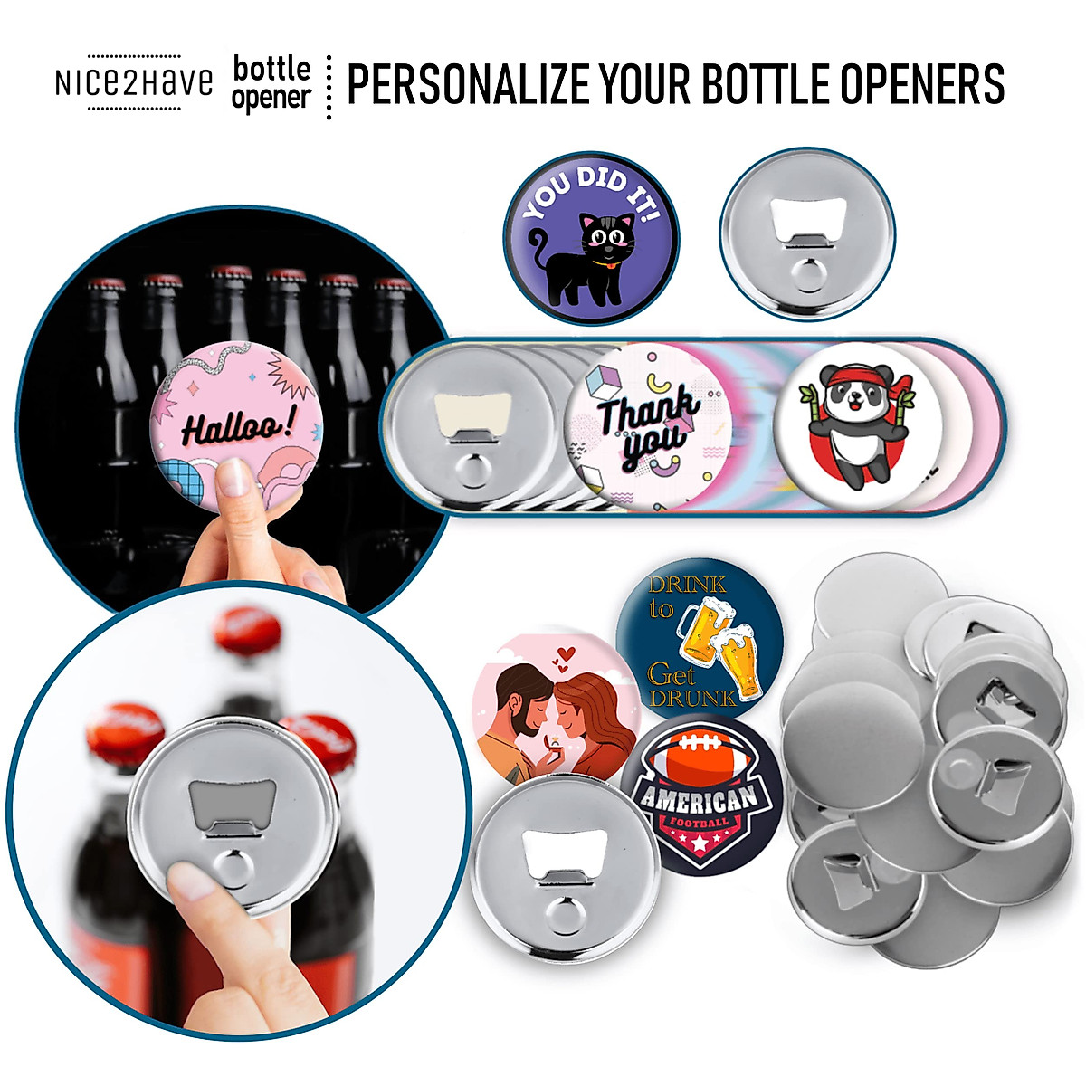 Nice2Have 25 Sets of Bottle Opener Button Parts 2.25 inch (58mm) - Button Maker Supplies for Button Maker Machine