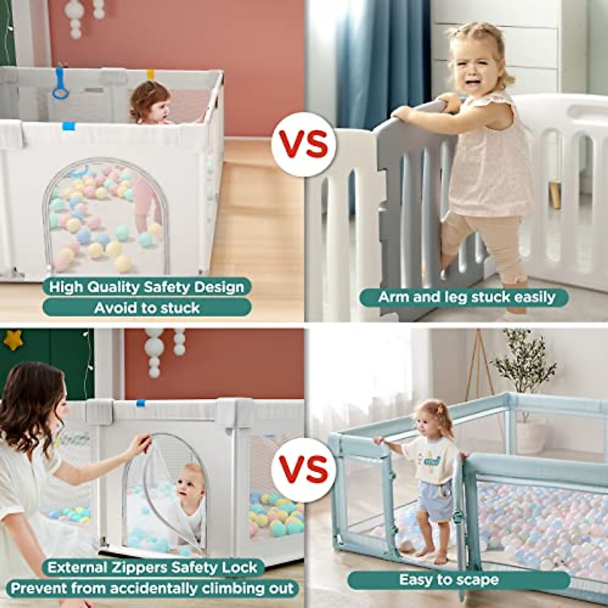 Baby Playpen,Playpens for Baby Anti-Fall Playpen, Large Playpen for Toddlers, Cherrysea Kids Safety Play Center Yard with Gate Sturdy Baby Fence Play Area with 4 Pull Rings and 30Pcs Ocean Ball