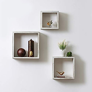 KMwares Set of 3 (12“/10”/8“) Rustic White Grey Paulownia Wood Square/Cube Farmhouse Floating Shelves Wall Mounted Storage/Bookshelf/Shadow Wall Boxes - Decoration for the Living Room, Bedroom, Office